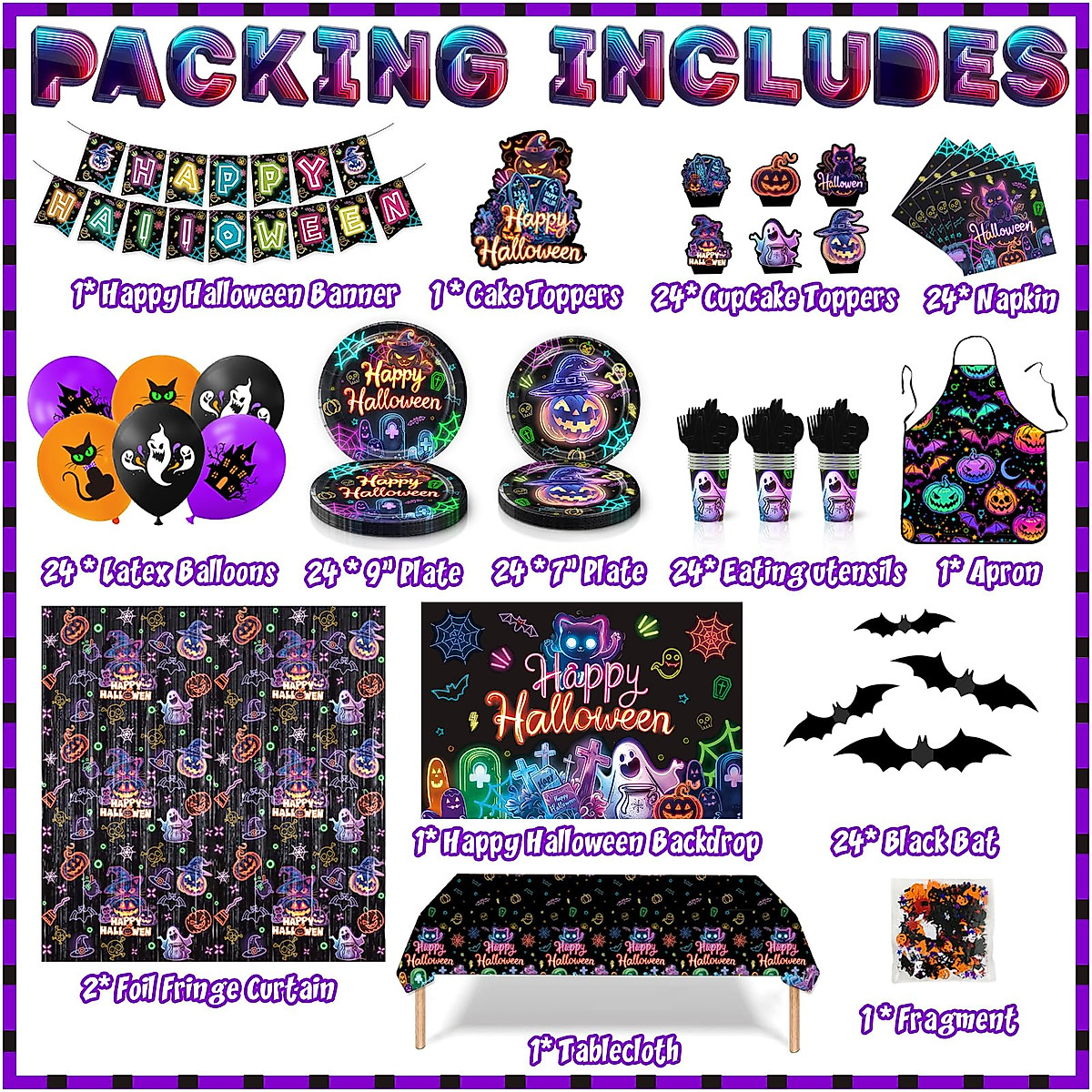 Glow Neon Party Supplies Tableware Set, 256 Pcs Let's Glow Halloween Party Decorations Include Neon Plates and Napkins Cups Glow Tablecloth Halloween Banner for Neon Baby Shower Party Decorations
