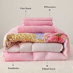 KINBEDY 4 Piece Unicorn Toddler Bedding Sets for Girls Pink Floral Cartoon Bed Sheets Toddler Bed Comforter Set for Baby Girls Bedroom Set | Include Comforter, Flat Sheet, Fitted Sheet, Pillowcase