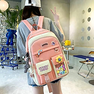 5Pcs Kawaii Backpack Set for School, Cute Aesthetic Backpack with Kawaii Pin and Accessories Bookbags for School Teens (Pink1)