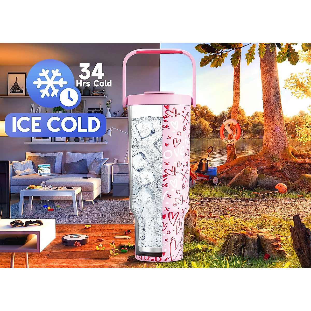 Meoky 40 oz Tumbler with Handle and Straw, Insulated Water Bottle, Stainless Steel Travel Mug, Keeps Cold for 34 Hours, 100% Leak Proof, Fits in Car Cup Holder (Fancy)