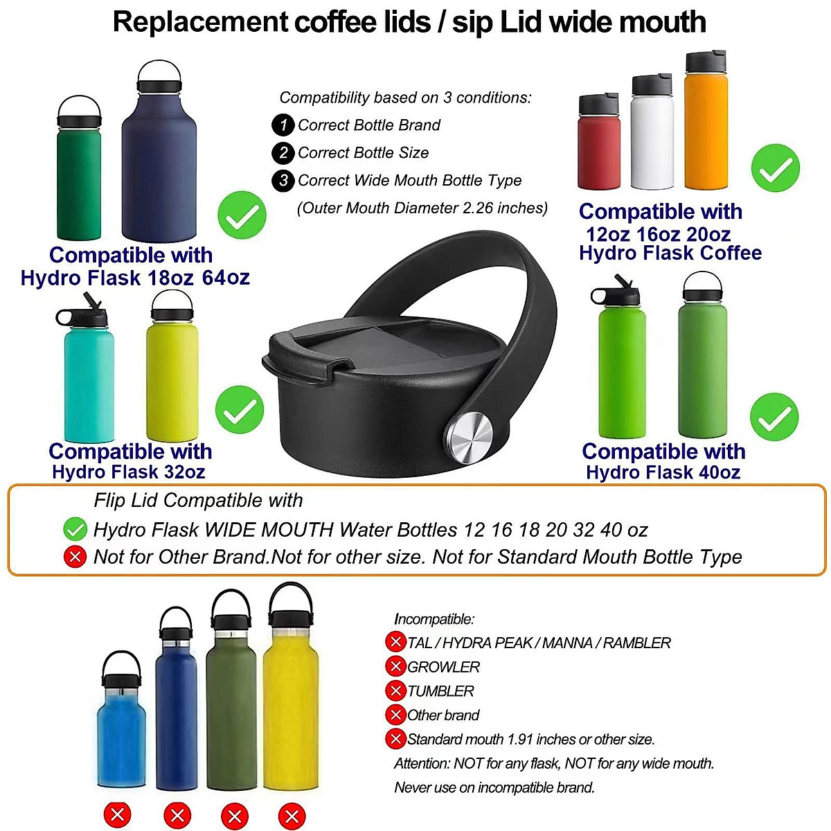 Tzuoieo Flip lid for Hydro Flask Wide Mouth 32 40 oz with Flexible Handle, Replacement Coffee Lid Compatible with Hydroflask, Nalgene, and More Top Water Bottle Brands Wide Mouth 32 oz 40 oz