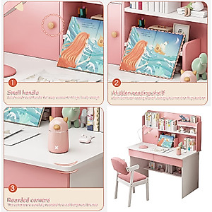 QQXX Cute k*id-s Study Desk with Chair,Wooden Ergonomics Study Desk Table with Drawer and Storage Shelf,Computer Workstation with Bookshelf Hutch,Multi Function Desk and Chair Set for Boys and Girls