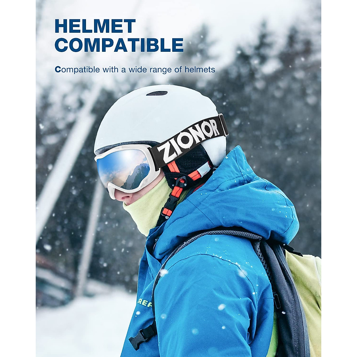 ZIONOR Lagopus Ski Snowboard Goggles UV Protection Anti fog Snow Goggles for Men Women Adult Youth VLT 8.6% White Frame Silver Lens