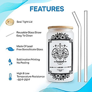 Hyturtle Personalized Glass Cup Aries Zodiac Sign Glass Cup With Bamboo Lid & Straw 12oz16oz Astrology Glass Cup Gift For Mothers Day Friend Mom Sister Coworker Female Women Her Wife Birthday Women