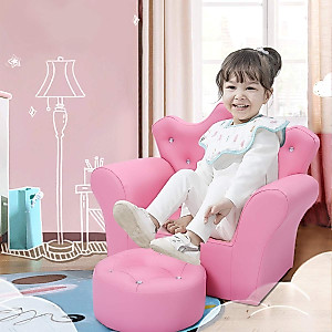 HONEY JOY Kids Sofa, Children Princess Upholstered Couch Armrest Chair with Ottoman, PVC Leather & Embedded Crystal, Toddler Bedroom Furniture for Baby Girl (Pink)