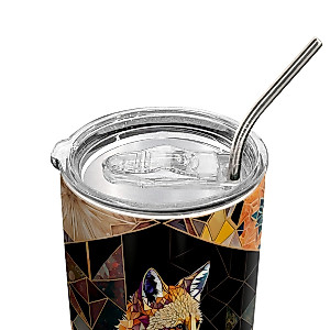 20oz Yellow Citrine Stained Glass Crystal Mosaic Fox Tumbler, Gifts for Fox Lovers, Coffee Thermos for Women, Stainless Steel Double Wall Vacuum Insulated Coffee Mug, Travel Cup with Lid