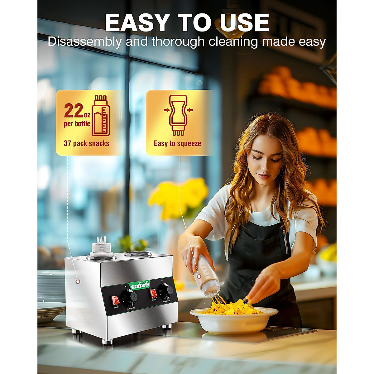WantJoin Electric Sauce Warmer Dispenser - Countertop Stainless Steel Sauce Heat Preservation Machine 320W Hot Fudge Nacho Cheese Ketchup Chocolate Warmer for Commercial with 650ml Squeeze Bottle*2