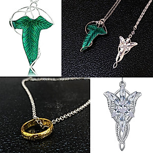 HJYZY 3 pcs Hobbit Necklace Gold Tone The Ring Pendant Necklace Vintage Green Leaf Elven Pin Brooch Pendant Chain Necklace