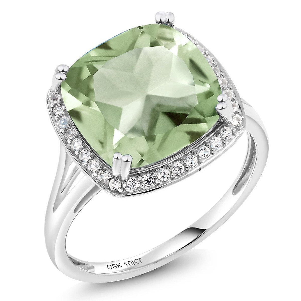 Gem Stone King 10K White Gold Green Prasiolite and White Created Sapphire Engagement Ring For Women (6.74 Cttw, Cushion Cut 12MM, Available in size 5, 6, 7, 8, 9)