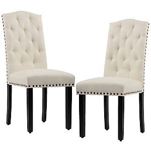 DAGONHIL Dining Chair Set of 2 Upholstered Dining Room chairs,Armless Kitchen Chair with Black Solid Wood Legs for Home Kitchen Living Room（Beige）