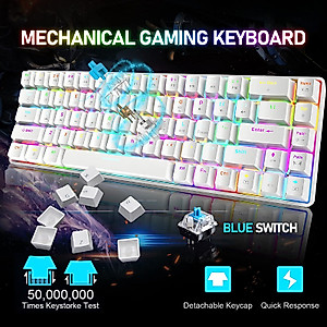 Compact 60% Mechanical Gaming Keyboard and Mouse Combo with Ergonomic Anti-ghosting 68 Key Rainbow RGB Backlight 6400DPI Honeycomb Mice Type-C Wired for PC Mac Gamer Office Typist(White/Blue Switch)