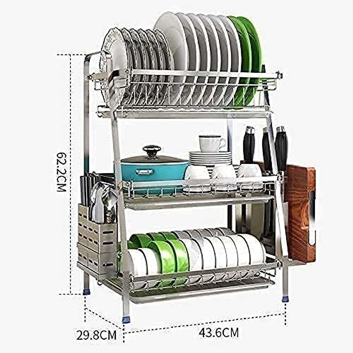 Plate Rack Dish Drainer Rack Kitchen Supplies Storage Draining with Chopsticks/Knives/Cutting Board Holder Drainboard Pan Plate Holder (Color : Silver, Size : 3-Tier)