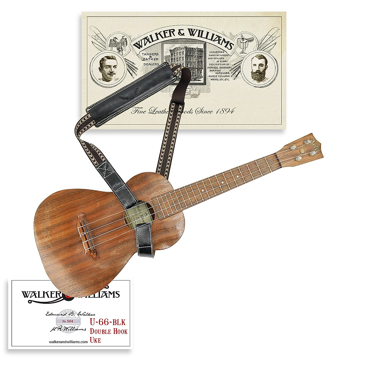 Walker & Williams U-66-BLK Black Double Hook Ukulele Strap With Premium Handmade Grain Leather Pad Hands Free For All Ukulele's