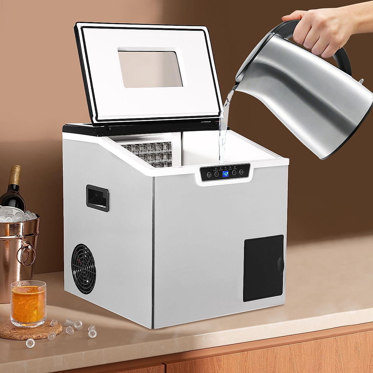 Self Dispensing Nugget Ice Maker, Crunchy Pebble Ice Maker, Countertop Crushing Ice Maker for Home Office Party RV, Portable Fast Ice-Making Automatic Cleaning Ice Maker