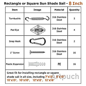 Artpuch Sun Shade Sail Hardware Kit 8 Inch for Rectangle Square Shade Sail Outdoor Installation 304 Stainless Steel