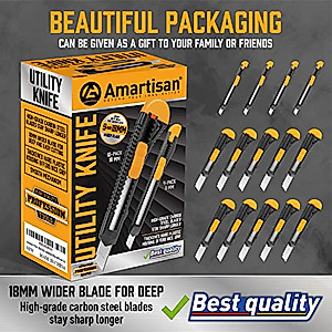 Amartisan 14-Piece Retractable Box Cutter, Utility Knifes for Boxes, Cartons, Cardboard Cutting, 18mm & 9mm Wide Blade Cutter, Very Suitable for Office and Home Use.