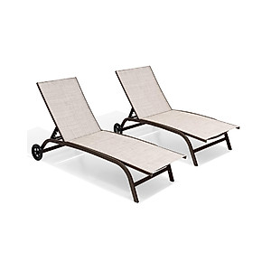 Crestlive Products Aluminum Chaise Lounge Chairs with Wheels Outdoor Adjustable Recliner Five-Position and Full Flat All Weather for Patio, Beach, Yard, Pool (2PCS Beige)