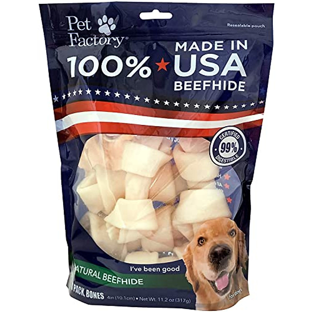 Pet Factory 100% Made in USA Beefhide 4-5" Knotted Bones Dog Chew Treats - Natural Flavor, 8 Count/1 Pack