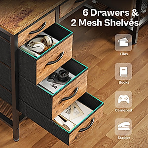 Huuger Computer Desk with Power Outlets and LED Lights, 47 Inch Gaming Desk with 6 Drawers, Office Desk with Monitor Stand, Writing Desk Work Desk, Mesh Shelves, Rustic Brown