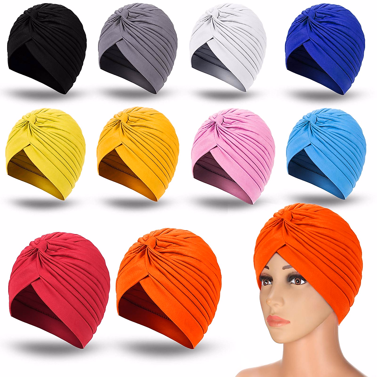 10 Pieces Stretch Polyester Turbans Head Bennie Cover India's Hat Twisted Headwrap (Light Colors)