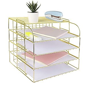 Spacrea Letter Tray, 4 Tier Desk Organizers and Accessories, Stackable Paper Tray Organizer Desk File Organizer with 1 Upper Display Shelf for School Home Office Supplies (Gold)