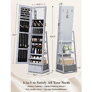Nicetree 360° Swivel Jewelry Cabinet with Lights, Touch Screen Vanity Mirror, Rotatable Full Length Mirror with Jewelry Storage, Standing Jewelry Armoire Organizer, Foldable Makeup Shelf,Gray