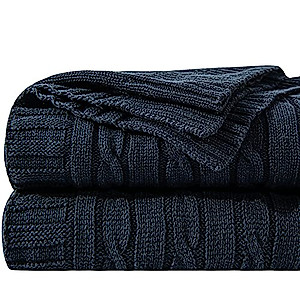 NTBAY 100% Pure Cotton Cable Knit Throw Blanket, Super Soft Warm 51x67 Knitted Throw Blanket for Couch, Sofa, Chair, Bed - Extra Cozy, Machine Washable, Comfortable Home Decor, Navy