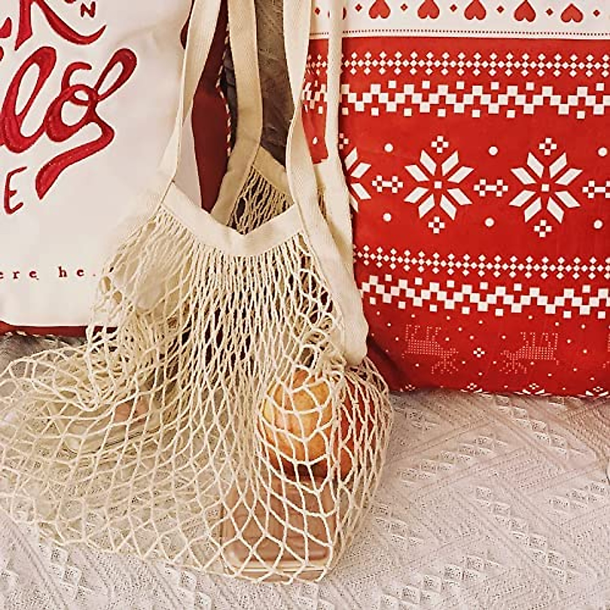 Tensico Reusable extra-length Shoulder strap Mesh Bags Cotton Mesh Grocery Bags,100% Cotton Net Cotton String Shopping Bag,Eco Market Bag Tote Bag Vegetable,Pack of 4 Portable Washable.