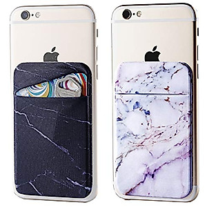 2Pack Marble Adhesive Phone Pocket,Cell Phone Stick On Card Wallet Sleeve,Credit Cards/ID Card Holder(Double Secure) with Sticker for Back of iPhone,Android and All Smartphones-Black&Purple Marble