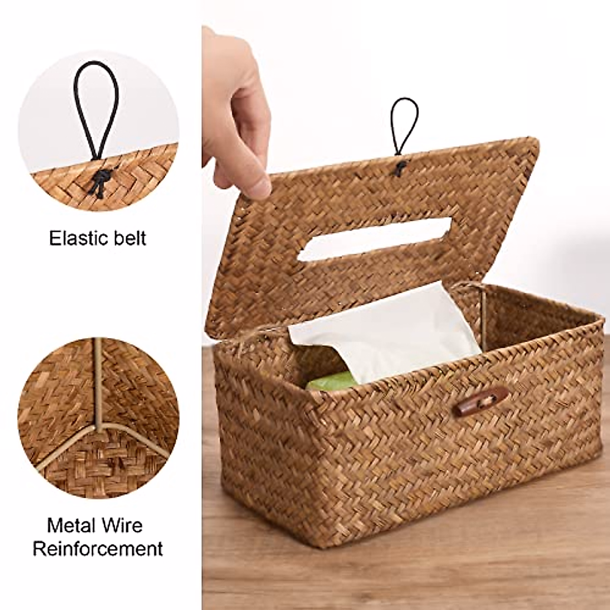 Tissue Box Cover Rectangular,Decorative Tissue Box Holder, Tissue Holder Made of Natural Seagrass for Bathroom Office Car Automotive Decoration-9.8 x 5.5 x 3.9 Inches