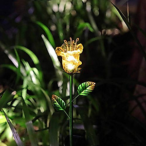 Joyathome Flower Solar Stake Lights Outdoor,2 Pack Solar Powered Metal Stake with Yellow Glass Lily Flower Decorative Lights, Waterproof Warm White LED Garden Lights for Backyard,Lawn