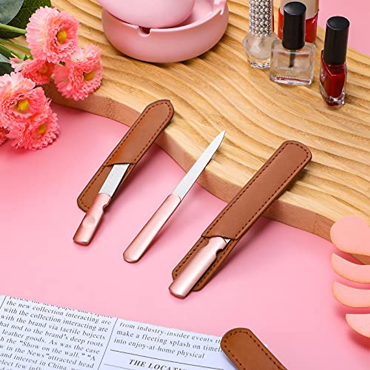 3 Pieces Stainless Steel Nail Files with Leather Case, Double Sided Metal Nail Files with Anti-Slip Handle, Metal Nail File Buffer Manicure Pedicure Tools for Fingernail Toenail (Rose Gold)