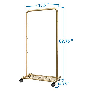 Simple Trending Standard Clothes Garment Rack, Clothing Rolling Rack with Mesh Storage Shelf on Wheels, Golden Yellow