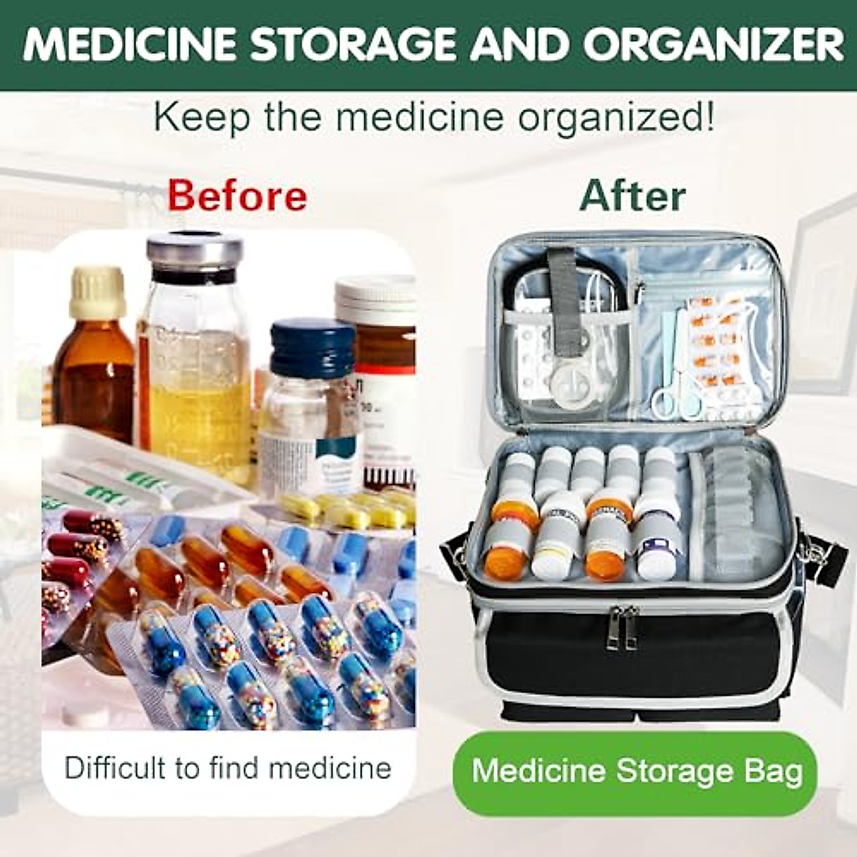 RONCHIL Medicine Storage Bag Pill Bottle Organizer with Portable Small Pouch Travel Medication Bottle Organizer for Emergency Home First Aid Box Kit Empty with Shoulder Strap Black