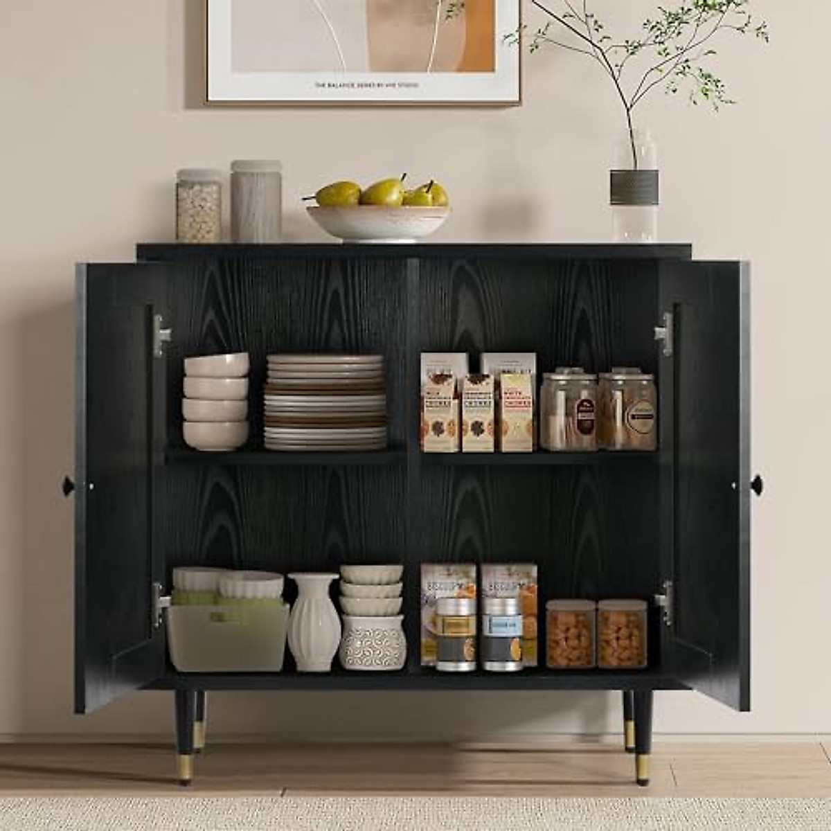 Black Buffet Sideboard Cabinet, Rattan Sideboard with Natural Rattan Doors, Black Rattan Console Table with Storage, Modern Accent Buffet Cabinet with Adjustable Shelves for Living Dining Room