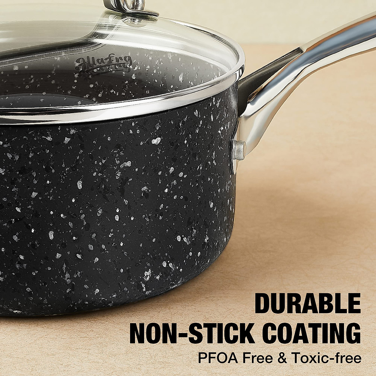 HLFRG 3 Quart Saucepan with Lid, Small Nonstick Sauce Pot with Lid, Insulated stainless steel handle- PFOA FREE Black