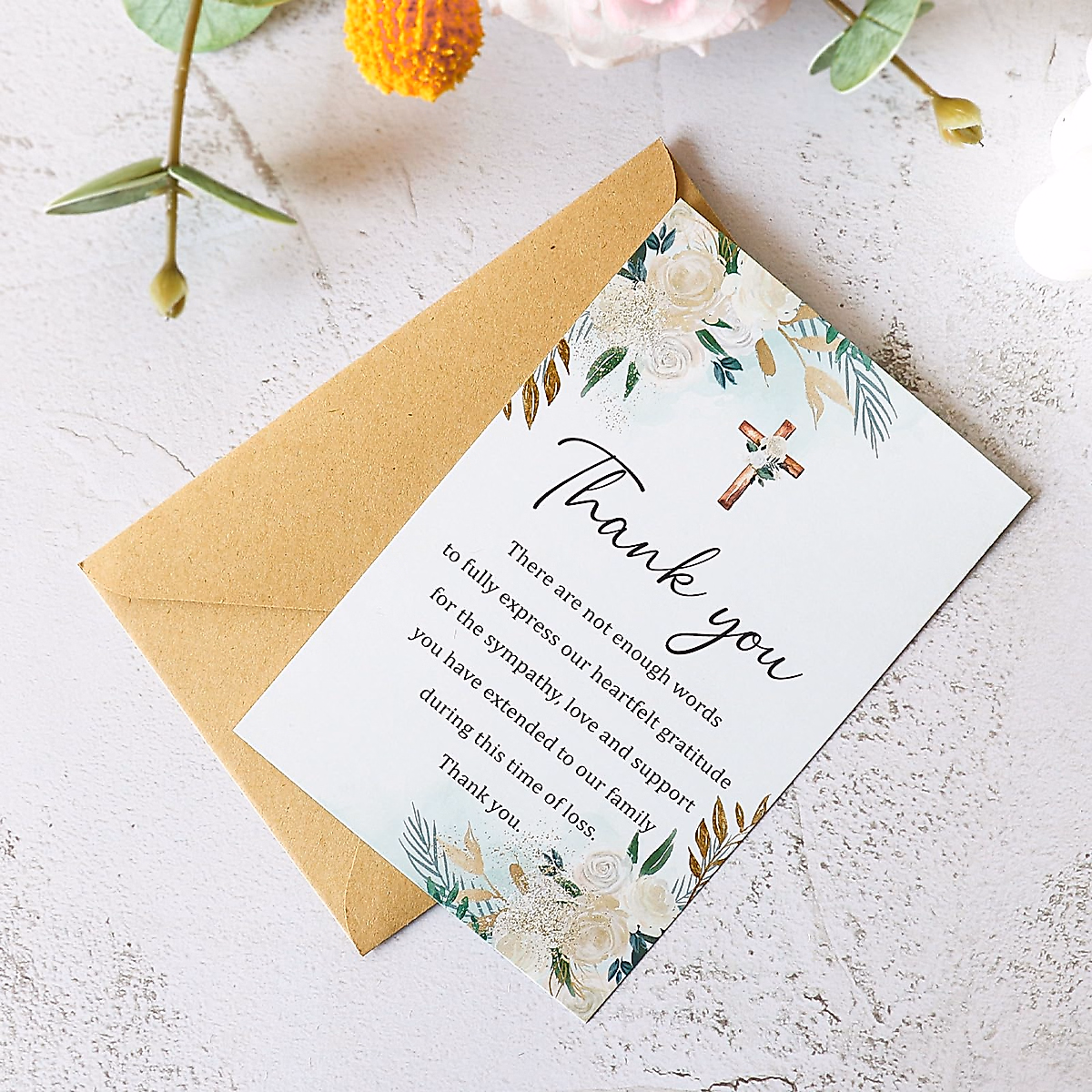 BYBOUS 50 Pack Funeral Thank You Cards with Envelopes, 4×6 In Watercolor Flowers Sympathy Thank You Cross Bereavement Card for Funeral Memorial Family Friends Loved Ones Celebration of Life