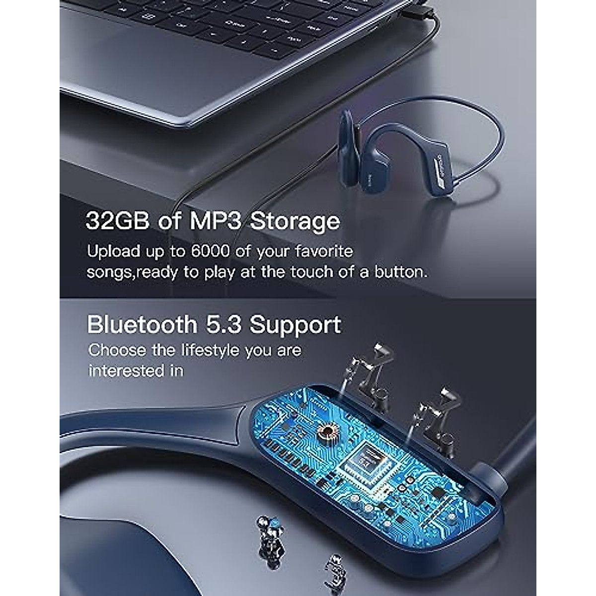 Guudsoud Swimming Headphones,Bone Conduction Headphones Bluetooth 5.3,IP68 Waterproof Headphones Sport Earphones with MP3 Player 32G Memory,Wireless Open Ear Underwater Earbuds for Running,Cycling