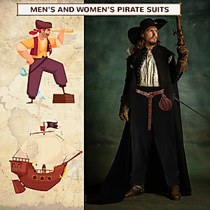 Xtinmee 4 Pcs Halloween Men Renaissance Costume Set Medieval Pirate Viking Costume Shirt Pant Belt Bag(Black, Beige Coffee,Large)