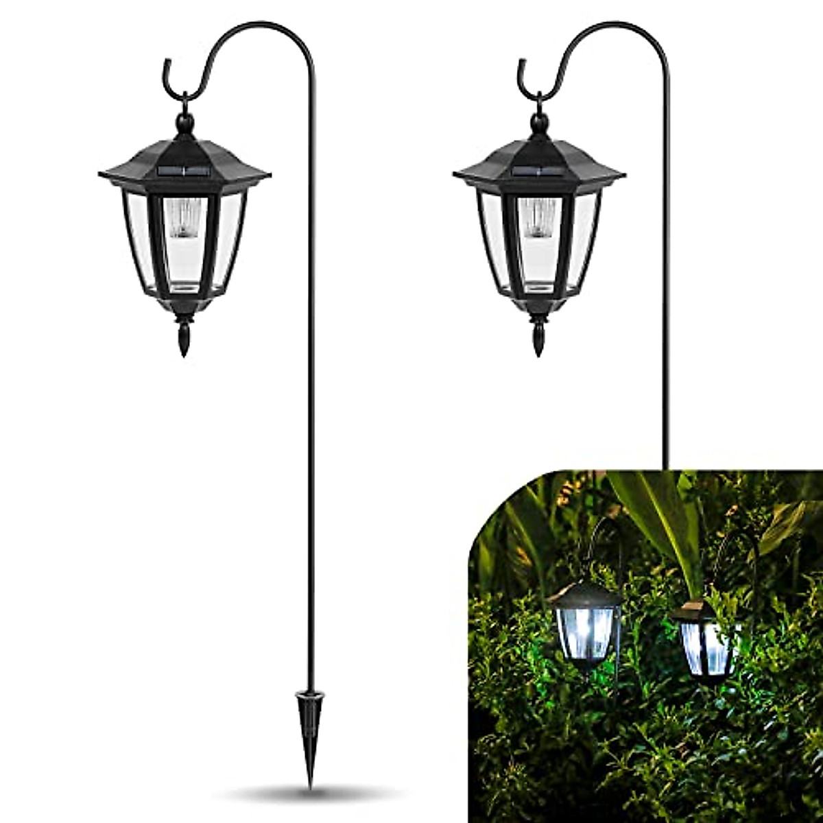 Vioview Hanging Solar Lights, 35 Inch Hanging Solar Lantern with 2 Shepherd Hooks Waterproof Dual Use Outdoor Decor Solar Lights Lantern for Garden, Patio, Front Porch, Yard, Flower Bed, 2Pack