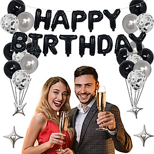 NANINUNENO 22nd Black Silver Birthday Party Decorations for Men Women, Happy 22 Birthday Party Supplies with Black Happy Birthday Banner,22 Number Balloons, Silver Foil Stars, Happy Birthday Balloons