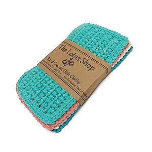 Coral and Aqua 4 inch x 7 inch Rectangular Cotton Dishcloths Set of 4 Lt. Coral Turquoise Ecru Aqua