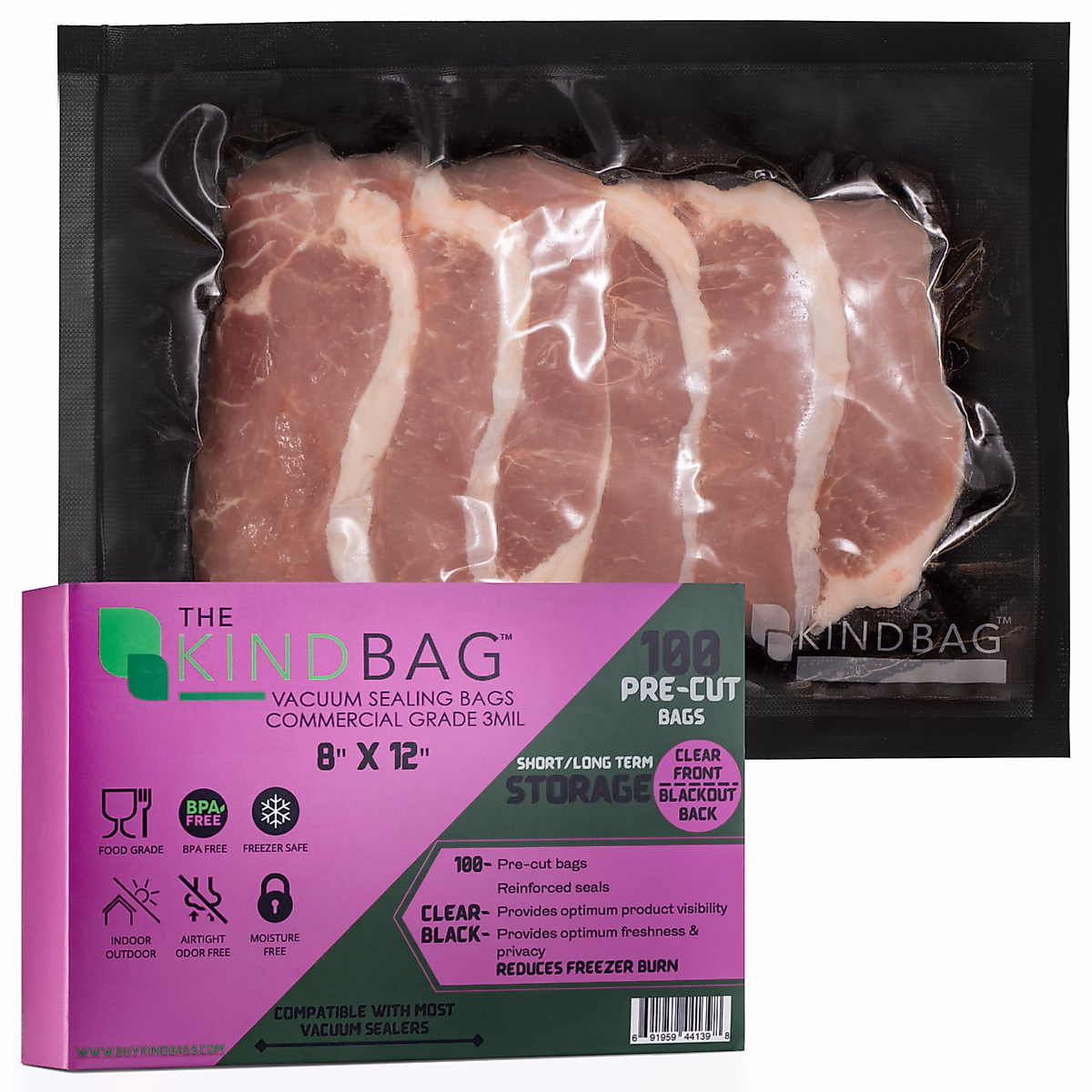 The Kind Bag Vacuum Seal Bags for Food; Food Grade, BPA Free & Freezer Safe; Airtight, Odor Free and Moisture Free; Commercial Grade 3mil Clear & Black; 8x12 inch Pre Cut Bags (100ct)