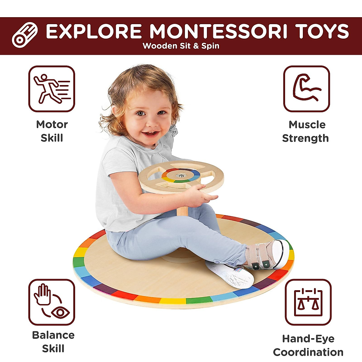 Monläurd® Wooden Sit And Spin, 24 Inch Large Sit And Spin Toy, Sit N Spin, Montessori Spinner Seat, Spinning Chair, For Toddlers & Adults
