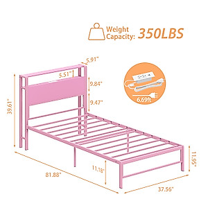 Weehom Twin Bed Frames with 2 Tiers Wood Storage Shelves Headboard, Twin Size Bed with Charger Stations and LED Light Under Bed Storage Space Platform Bed for Kids, Girls and Adults, Pink