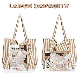 Aoekaff Canvas Tote Bag For Women Girl,Large Capacity Stripey Aesthetic Shoulder Handbags With Pocket For Beach Travel (Apricot Fine Stripe)