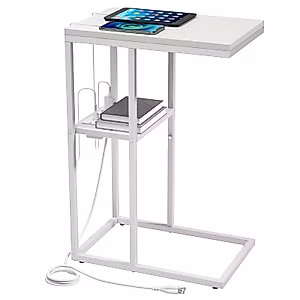 Yoobure C Shaped End Table with Charging Station, Small Side Tables for Living Room Bedroom, Sofa Table with USB Ports and Outlets for Small Spaces, Couch Table Rustic Snack Table Bed Side Table