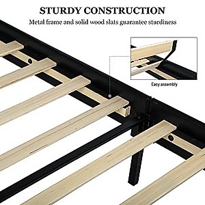 Arisaniasion Queen Size Bed Frame with LED Light Square Stitched Adjustable Headboard Strong Bed, Remote Control Control LED Lights, No Box Spring Needed, Noise Free, Easy Assembly (Black)