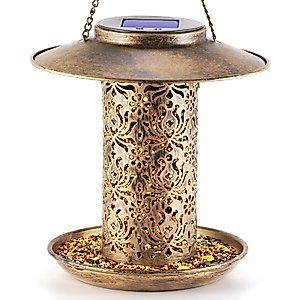 SWEETFULL Solar Bird Feeder for Outdoors Hanging, Metal Wild Bird Feeder for Cardinals Solar Garden Lantern with S Hook as Gift Ideas for Bird Lovers (2LBs Heavy Duty Weather Resistance birdfeeders)