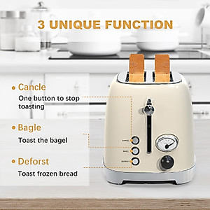 Toaster 2 Slice,1.5"Extra Wide Slots Toaster,Retro Stainless Steel with Bagel, Cancel, Defrost, Reheat Function and 6-Shade Settings, Removal Crumb Tray (Cream)
